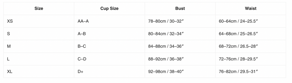 Size chart - Blue Lagoon Swimwear